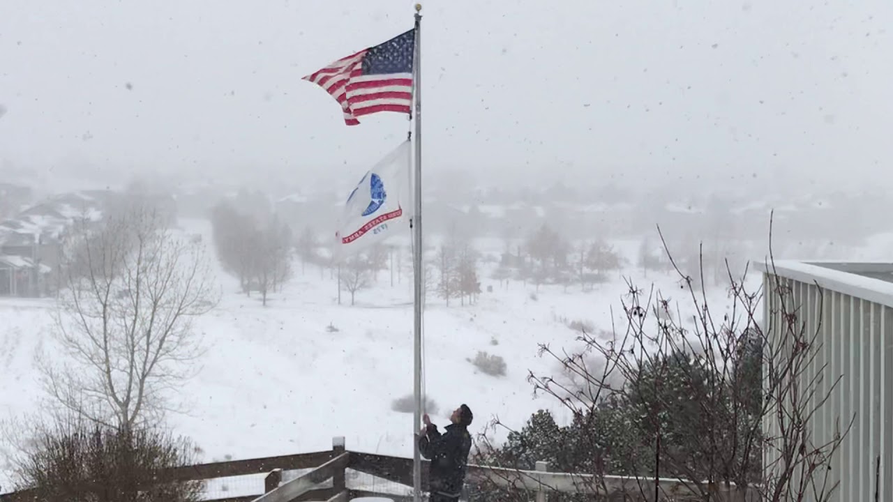 Snowy reveille interactive American flag raising at Flag Steward HQ ...
