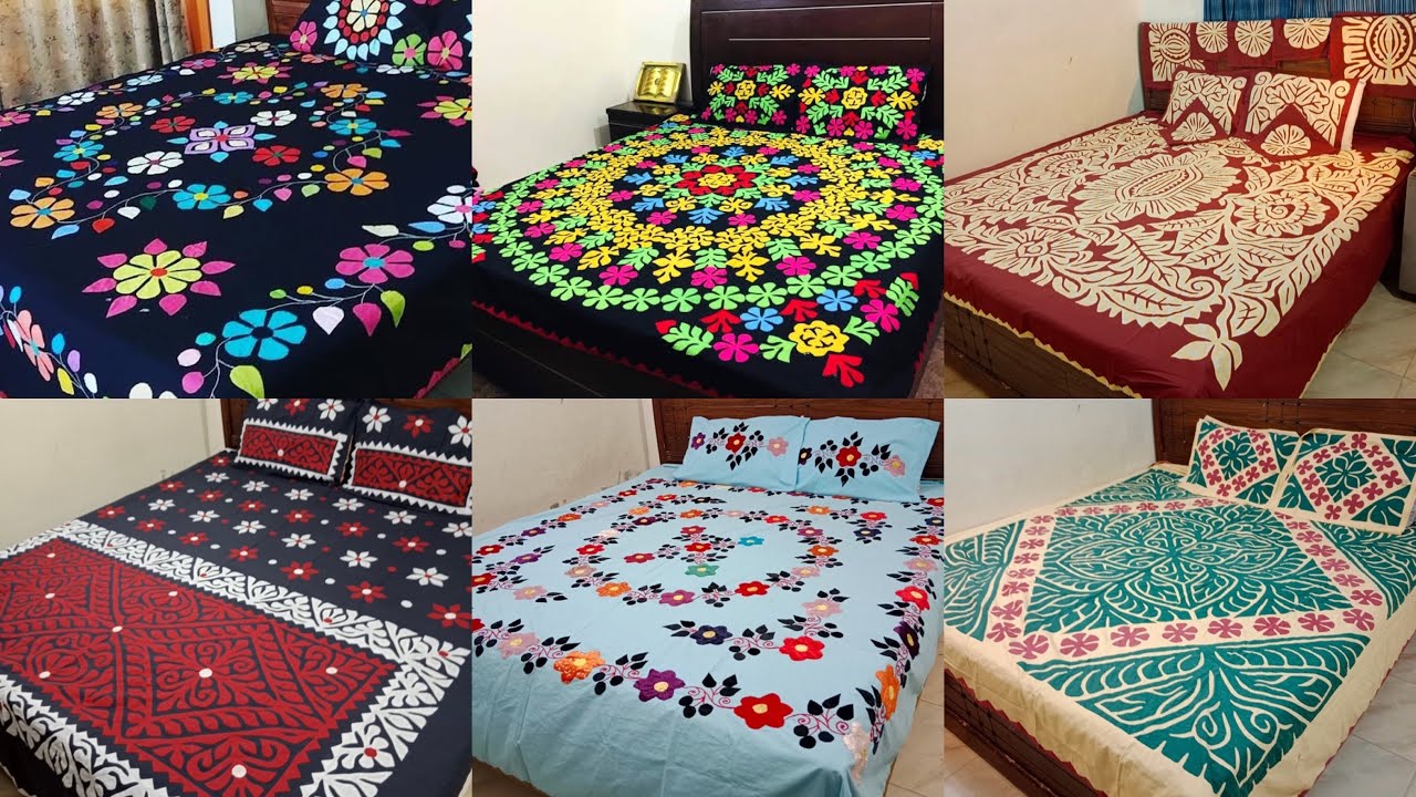 Handmade Applic designs || simple and beautiful applic bedsheet designs ...