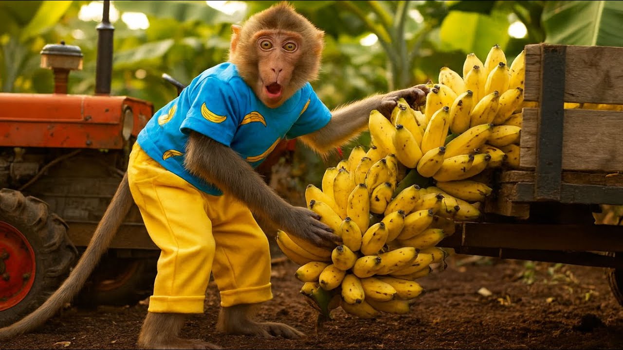 Planting Banana Seeds, Monkey Farmer Drives Tractor To Harvest Bananas ...