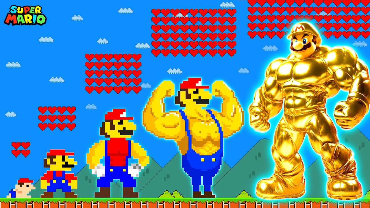 Super Mario Bros., but Every Hearts makes Mario Growing Up GOLD Muscle ...