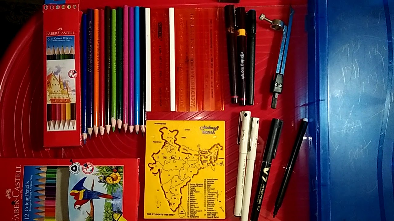 Geography Practical tools/Rotring pen, stencil scale, colour pencil ...
