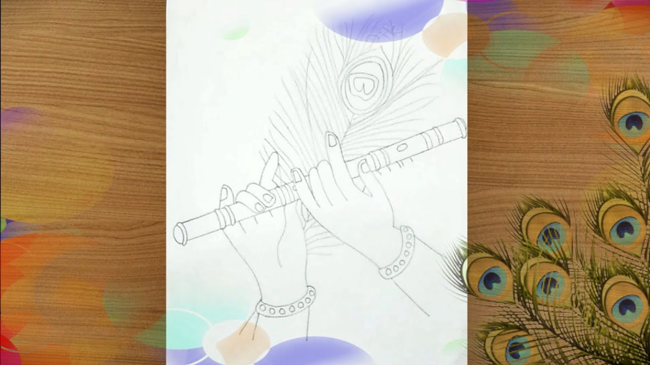 How to Draw Lord Krishna hand with Bansuri & Morpankh Drawing | Water ...