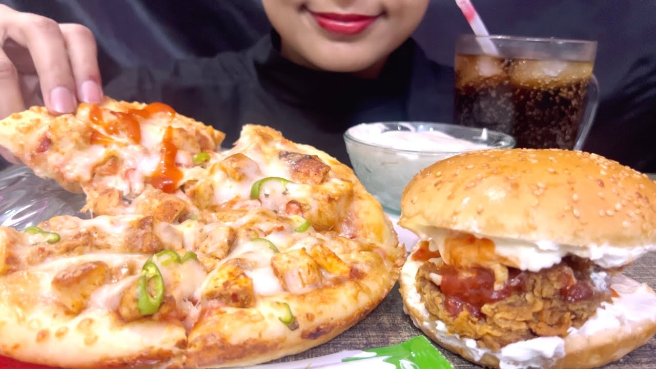 ASMR EATING CHEESY CHICKEN PIZZA,CHICKEN ZINGER BURGER AN COKE | REAL ...