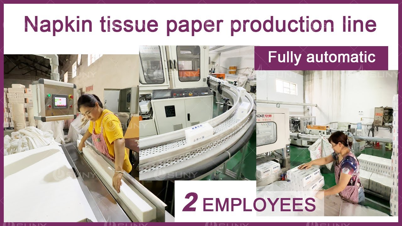 Two women operate a napkin tissue paper production line - YouTube