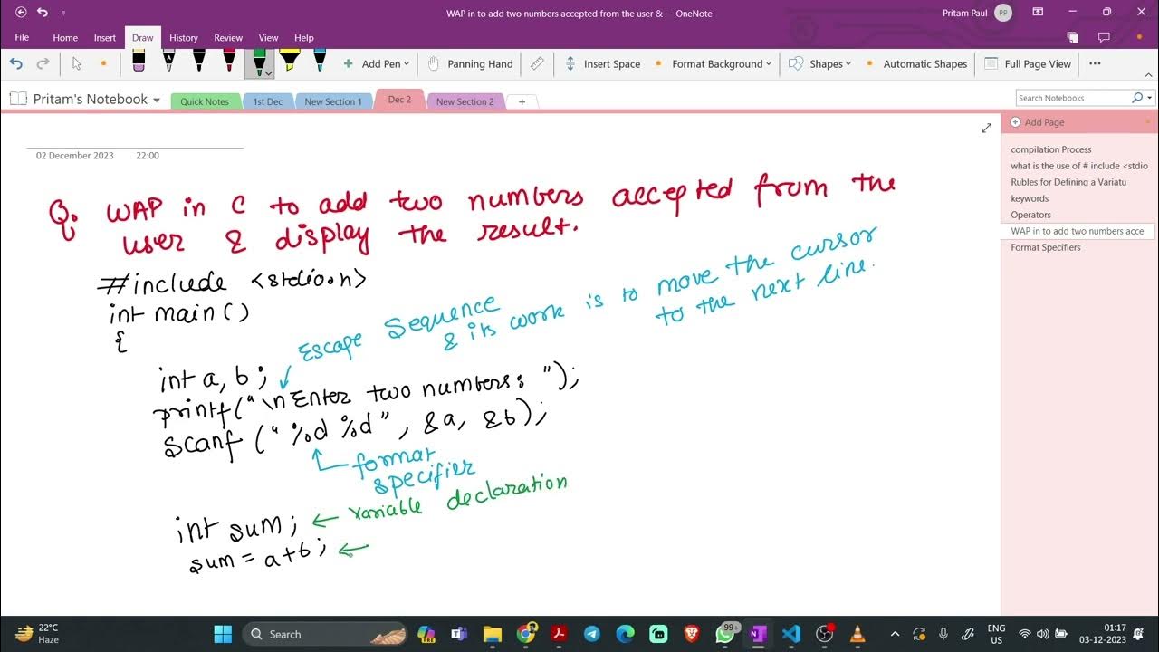 Day 1 - Part 3 (Program to accept two numbers and Print their sum) - YouTube