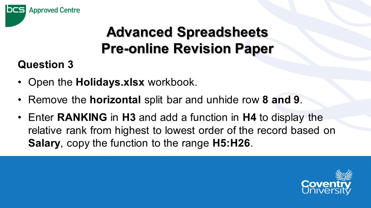 ECDL Coventry University: Advanced Spreadsheets Pre-online Revision ...