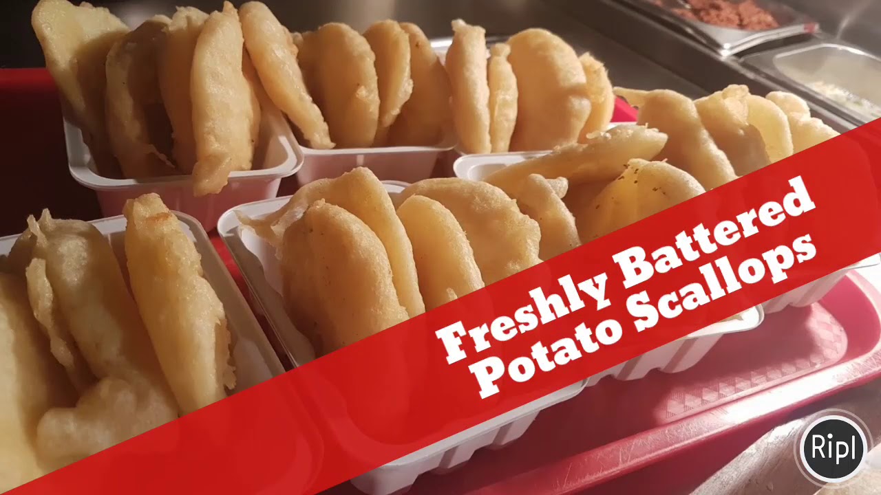 Freshly Battered Potato Scallops/Fritters Daily - YouTube