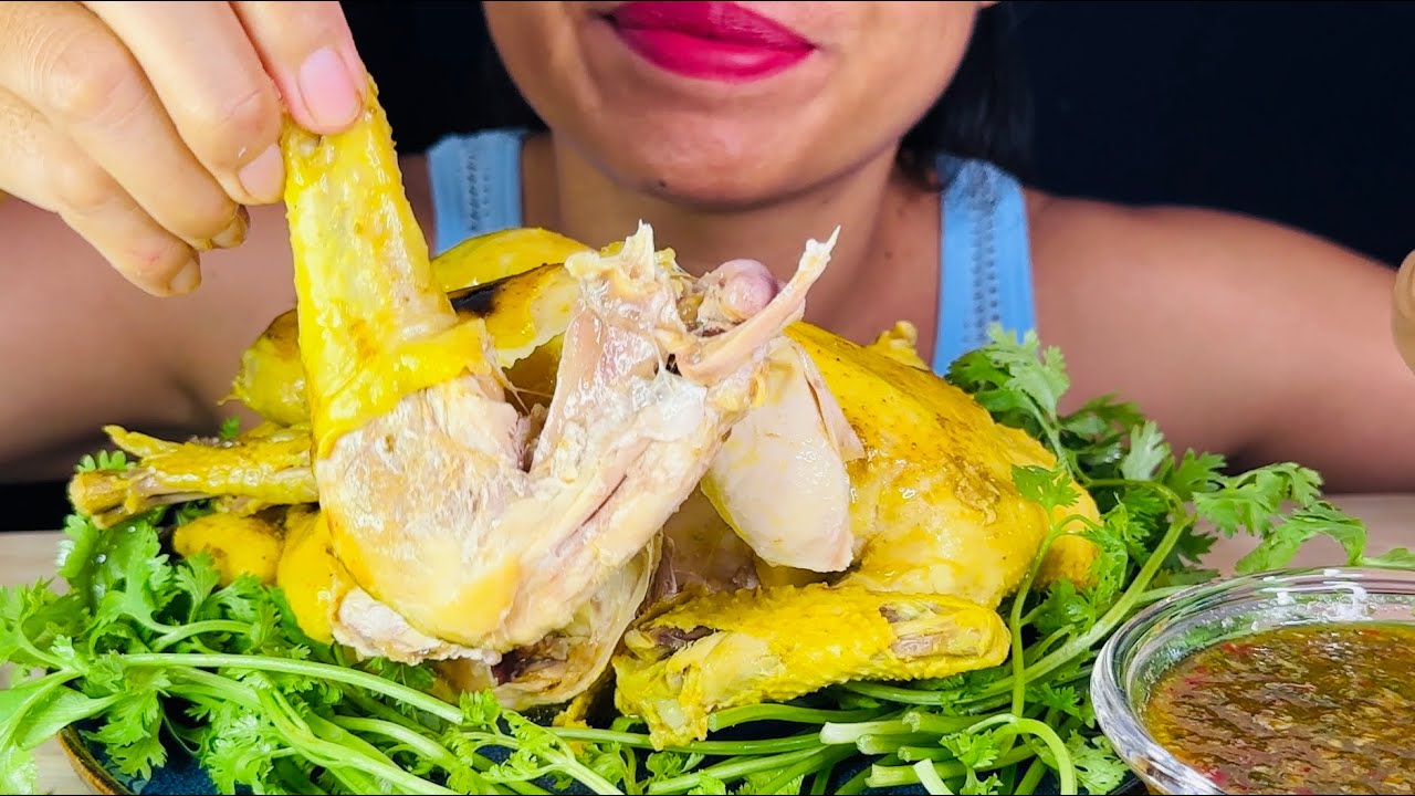 The whole boiled chicken with seafood sauce / Angkor asmr eating show ...
