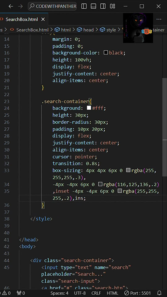 Search Box Bar Html Html5 Programming Htmlcss Js Css Frontend Coading Code