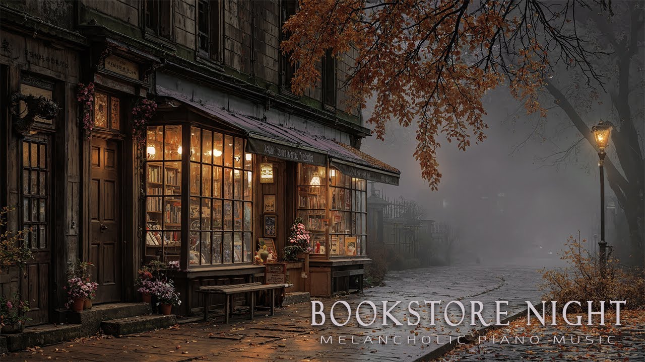 Bookstore on a Road a Foggy Night Autumn | Melancholic Piano for ...