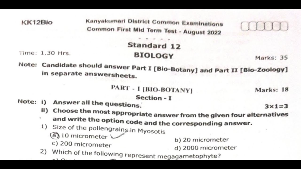 12th Biology First mid term test question paper 2022 | 12th Biology ...