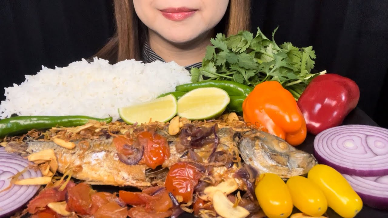 Eating Dried salted fish fried/🥗Veggies and Rice - YouTube