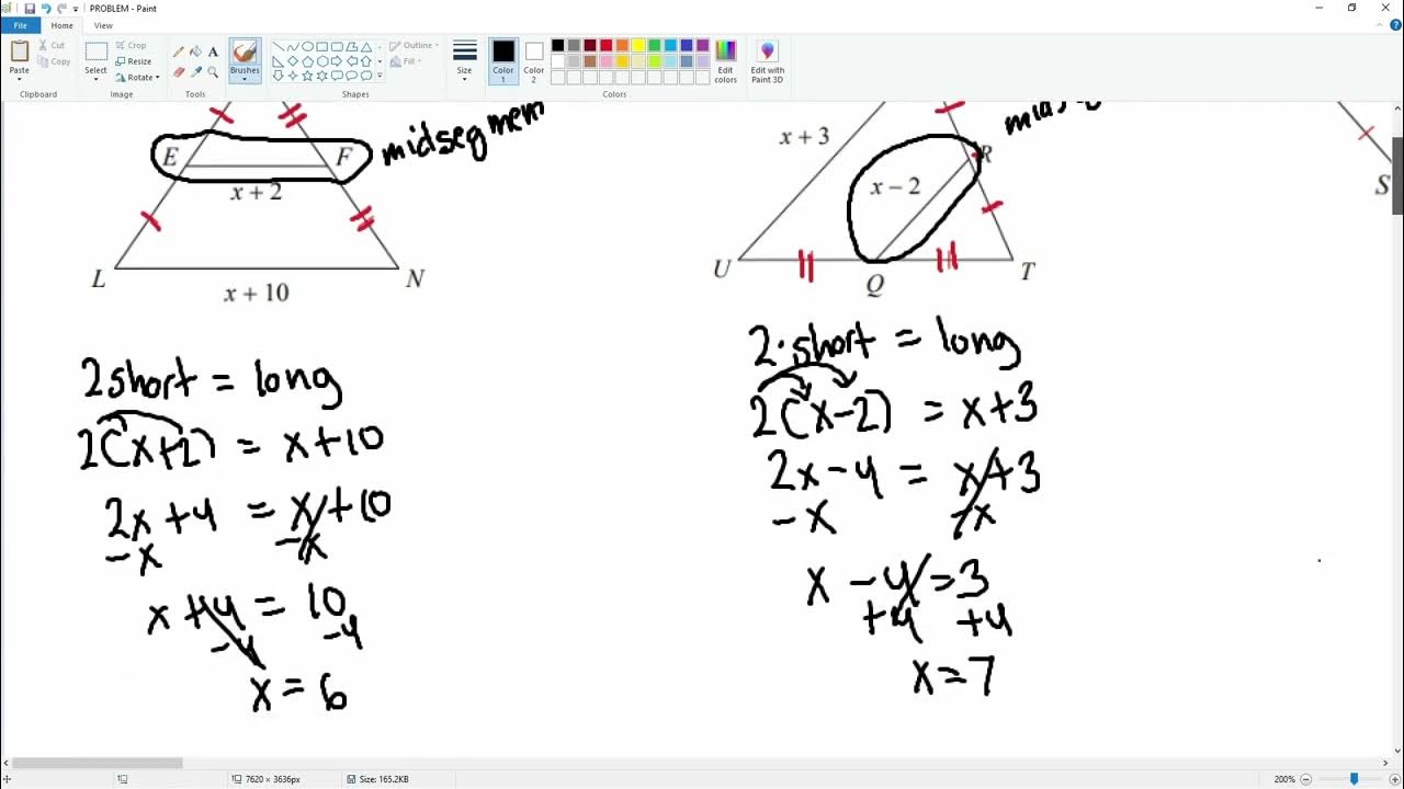 7-4: Use the Triangle Midsegment theorem to find missing measures within a single triangle. #9 ...