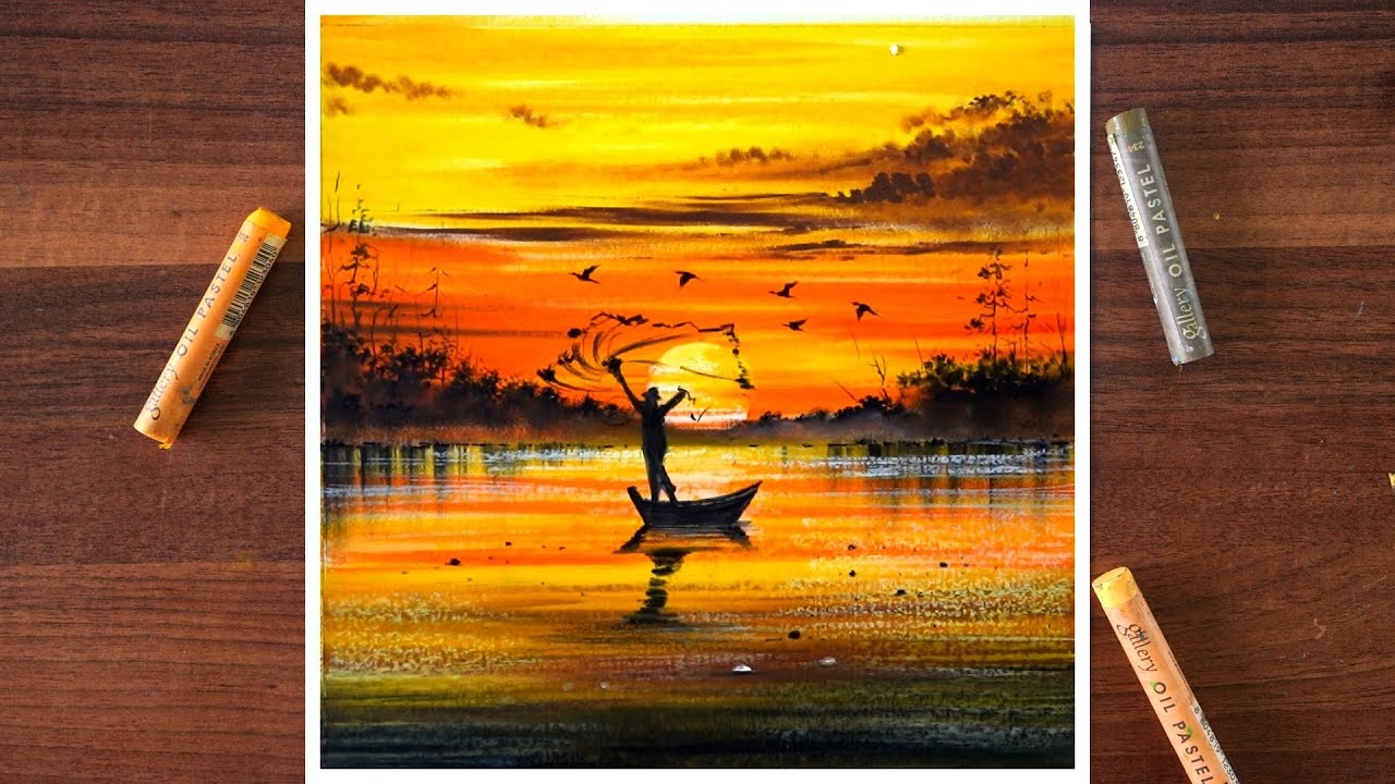 Draw a beautiful sunset landscape using oil pastel // step by step ...