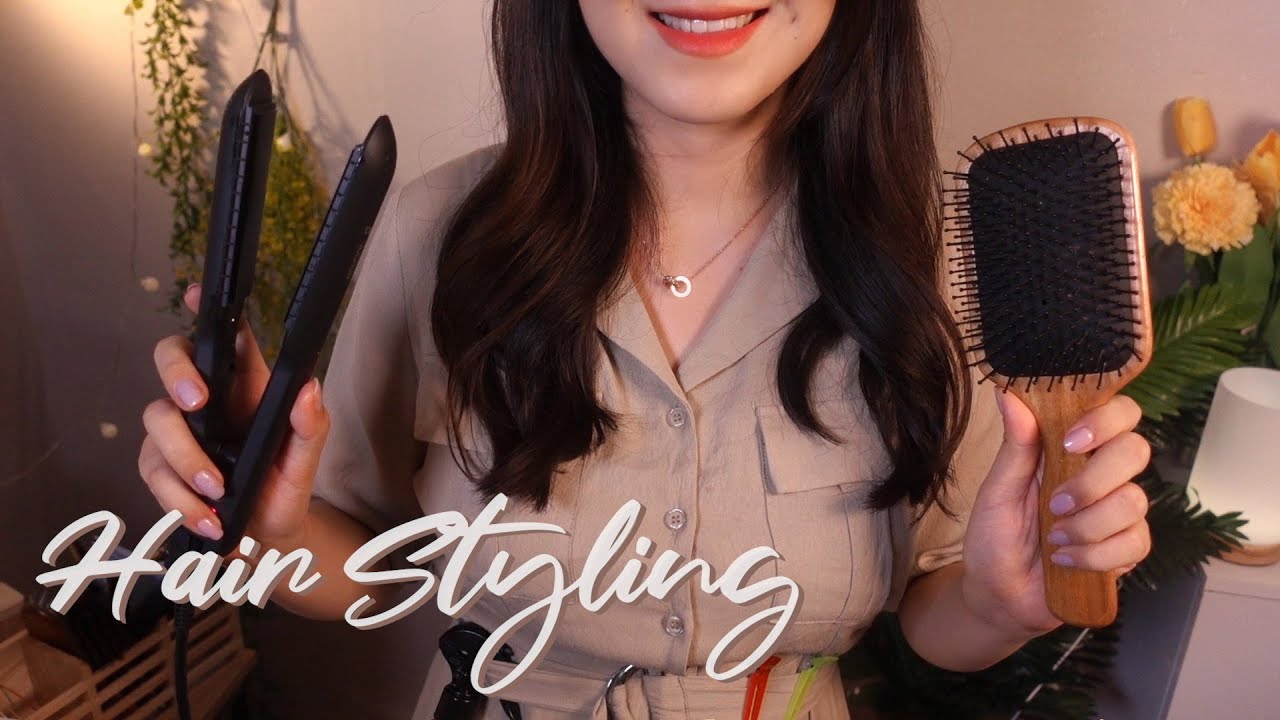 ASMR Hair Styling Brushing and Curling w/ Steam (Layered + No Talking) - YouTube