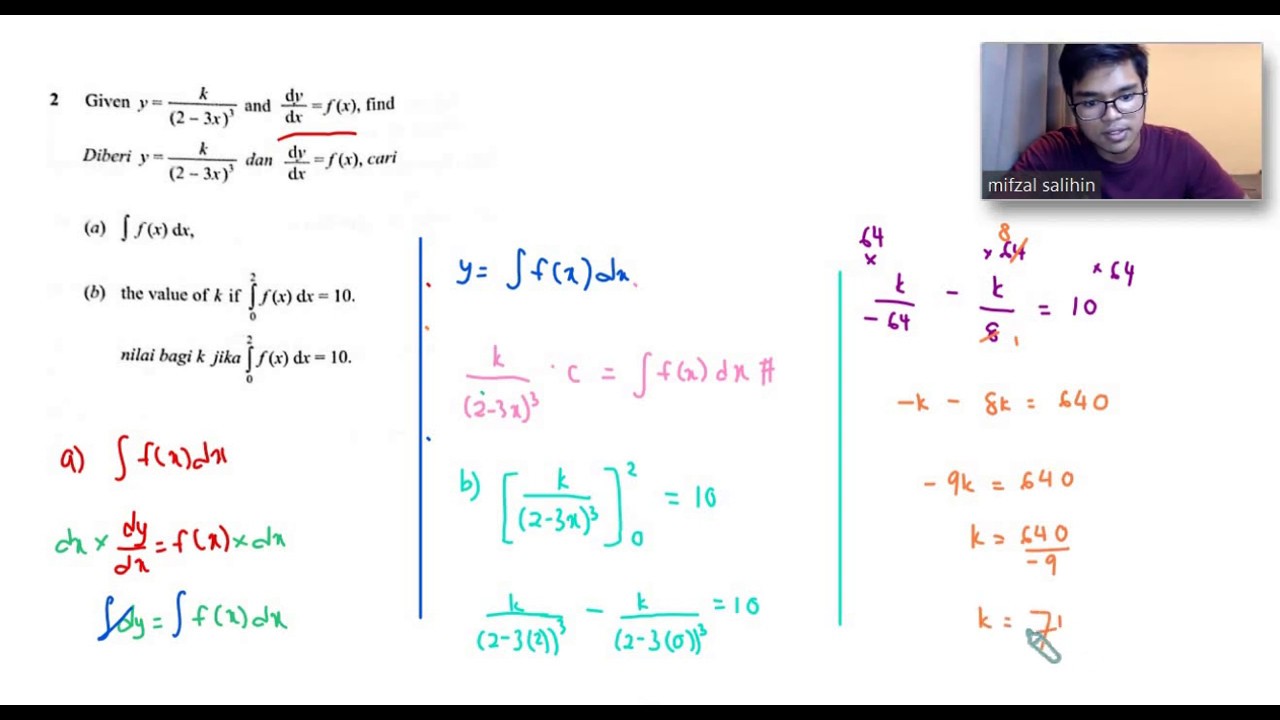 Additional Mathematics SPM: Integration - Exam based Question - YouTube