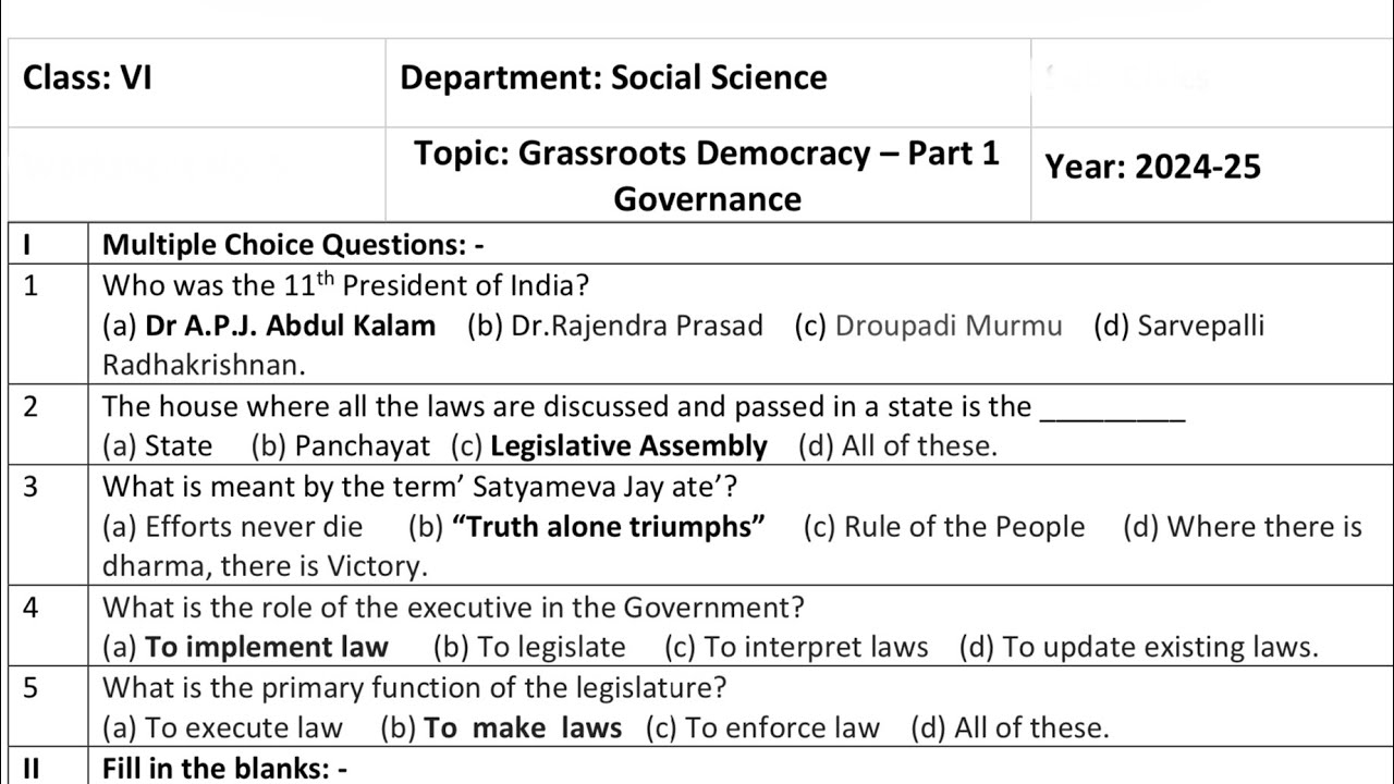 Class 6 social science chapter Grassroots Democracy- Governance worksheet solution with ...