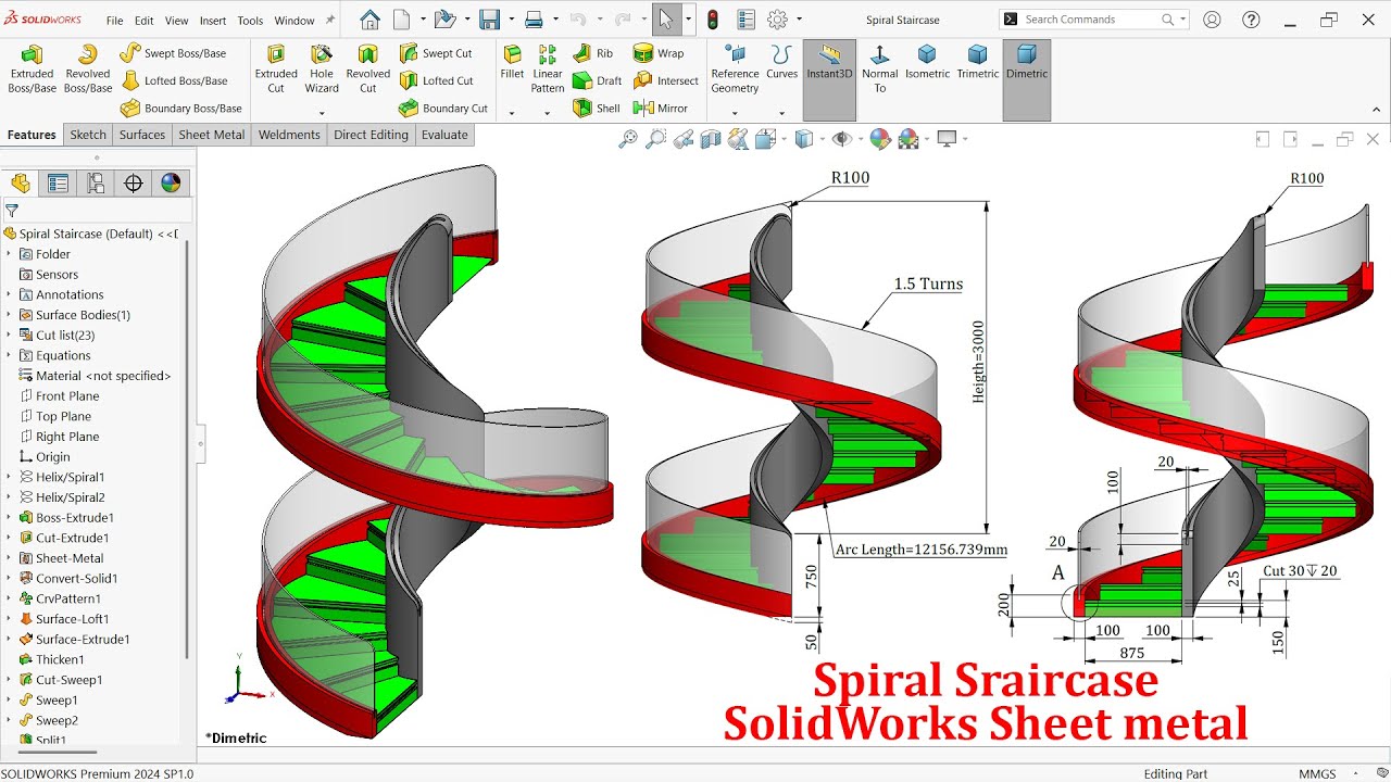 Spiral Staircase with SolidWorks Surface and Sheet Metal Feature ...