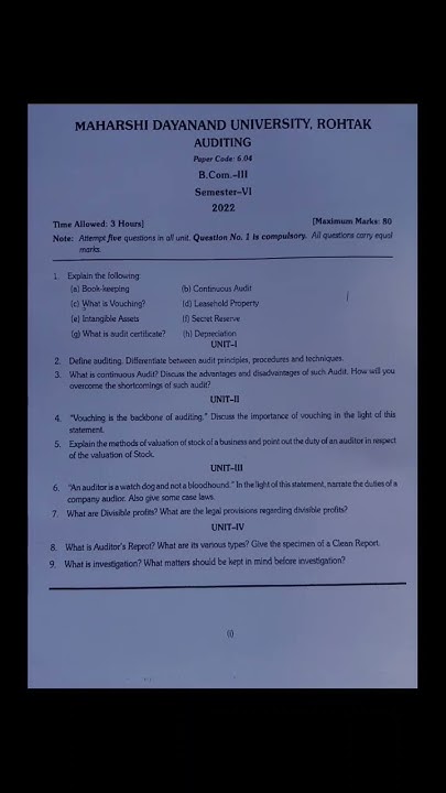 Bcom. 6th semester [AUDITING] QUESTION PAPER 2022 / [MDU] @Studytheory ...