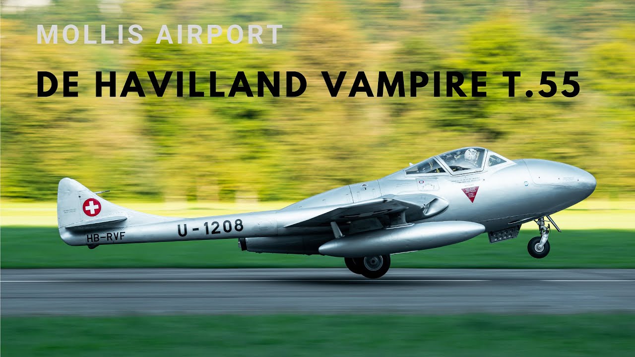 De Havilland Vampire T.55 take off an landing at Mollis airport | HB ...