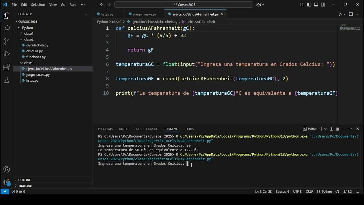 Curso Python. Ejercicio 3. Convertir grados Celsius a Fahrenheit - YouTube