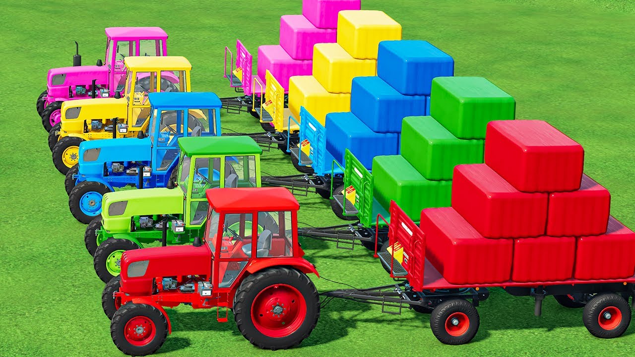 TRANSPORT HAY BALES & SMALL CARS WITH JOHN DEERE TRACTORS & FLATBED ...
