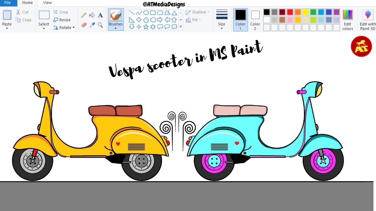 How to draw a Vespa scooter easy learn drawing step by step in MS Paint ...