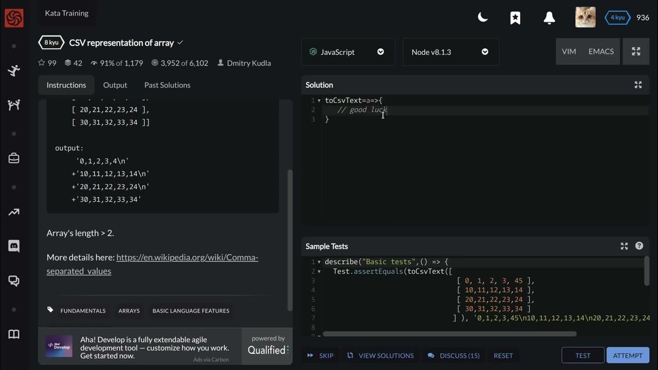 Codewars CSV representation of array - YouTube