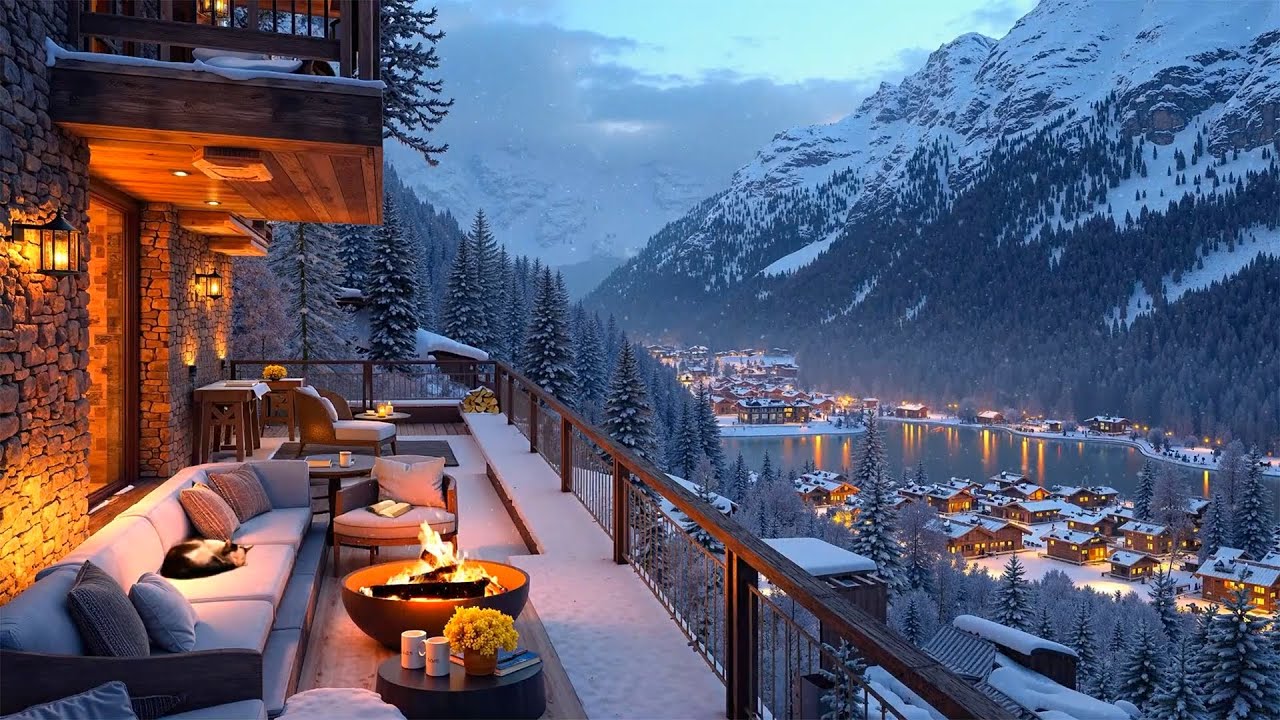 Warm Jazz & Cozy Fireplace ️Winter Terrace Retreat with Coffee ...
