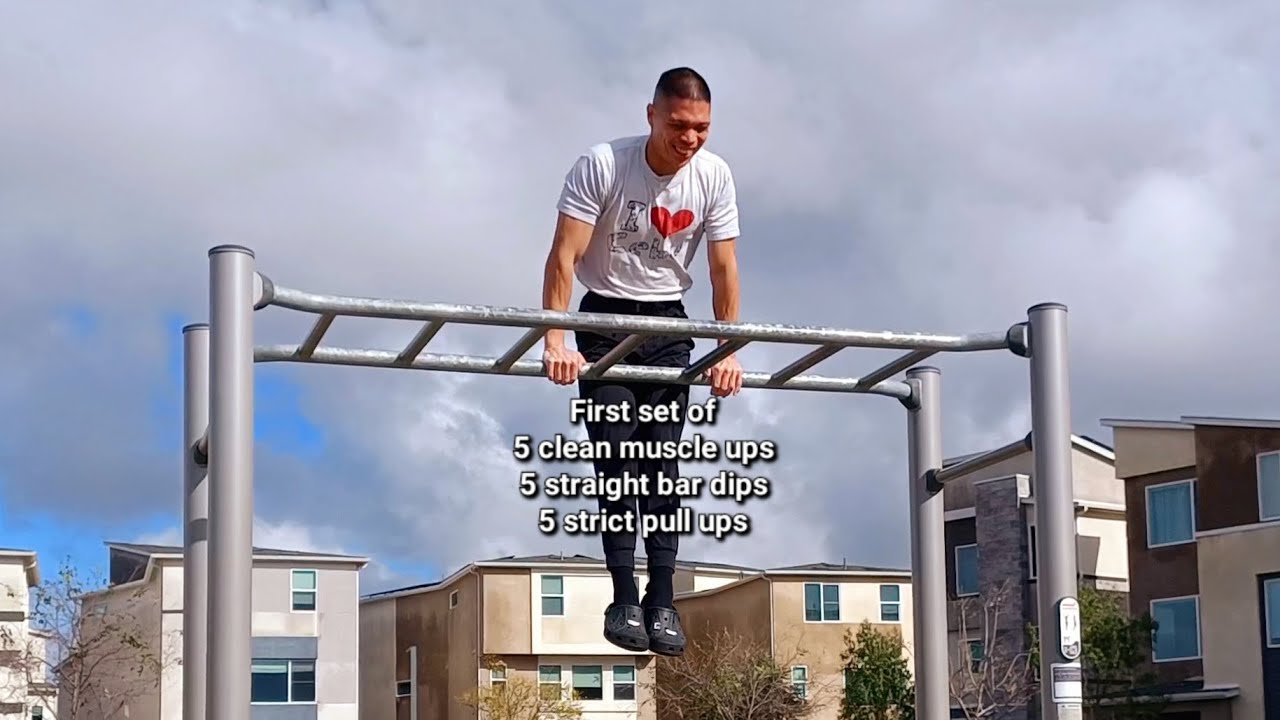 First set of 5 clean muscle ups to 5 straight bar dips to 5 strict pull ...