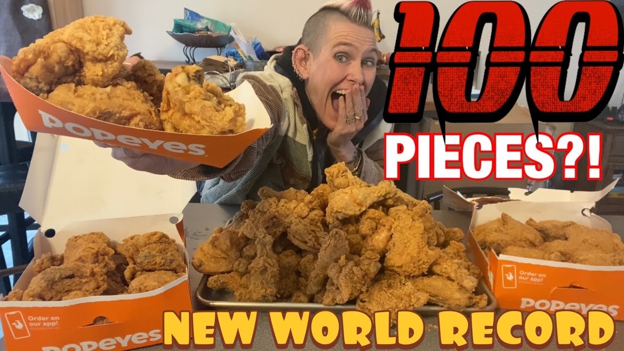 POPEYES CHICKEN WORLD RECORD - 100 PIECES ?! - MOM VS FOOD VS BLENDER ...