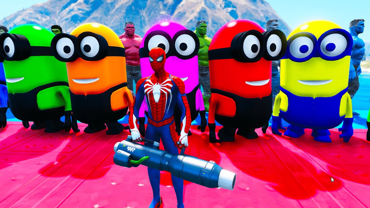 GTA 5 Epic Spider-man Vs Minions Fight Jumps/falling off highest ...