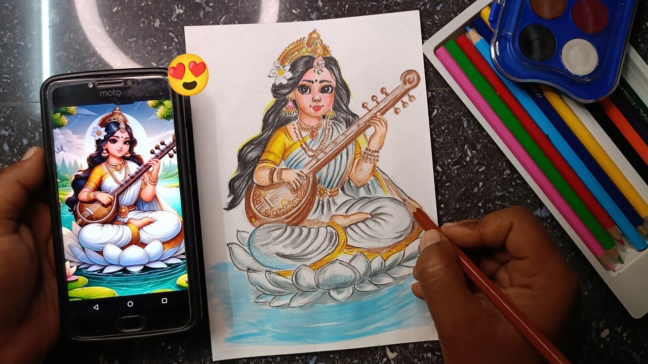 Saraswati Maa drawing with colour pencil ,how to draw saraswati maa ...