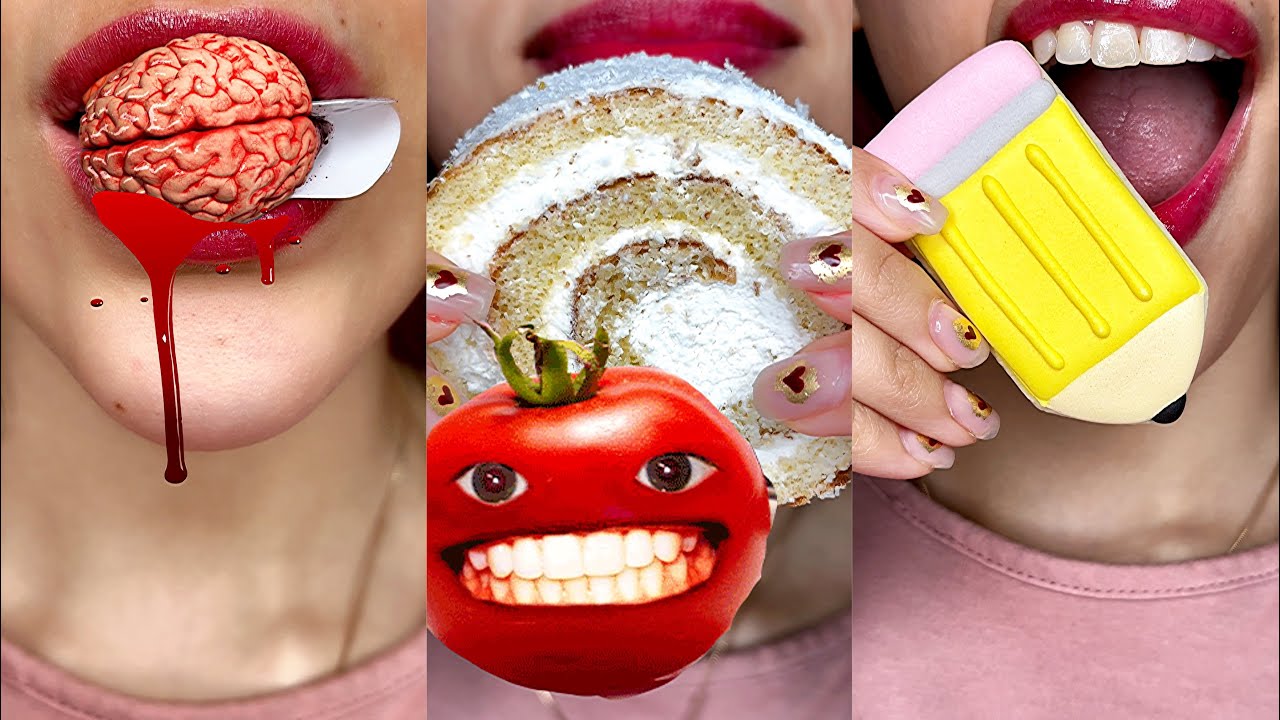 Weird food asmr combination: dessert with tomato 🍅 pencil ️ bloody ...