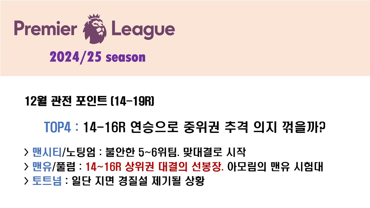 [PL 24/25] 12월 프리뷰 (14~19R) : 14-16R 연승으로 중위권 추격 의지 조기에 꺾을까? / 맨유-상위권 대결 시험대에 선 아모림 / 위기의 맨시티와 ...