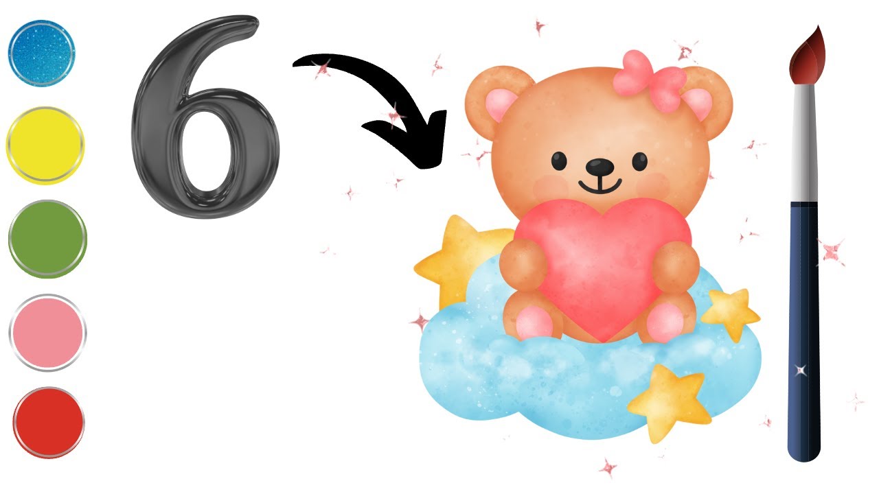 Convert number 6 into teddy bear drawing and painting for kids | Cute ...
