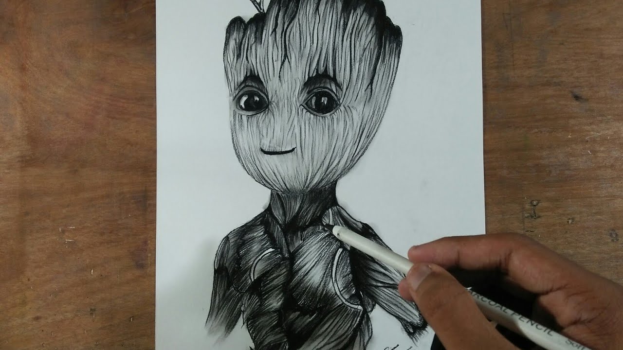 How to draw groot/With single soft charcoal pencil - YouTube