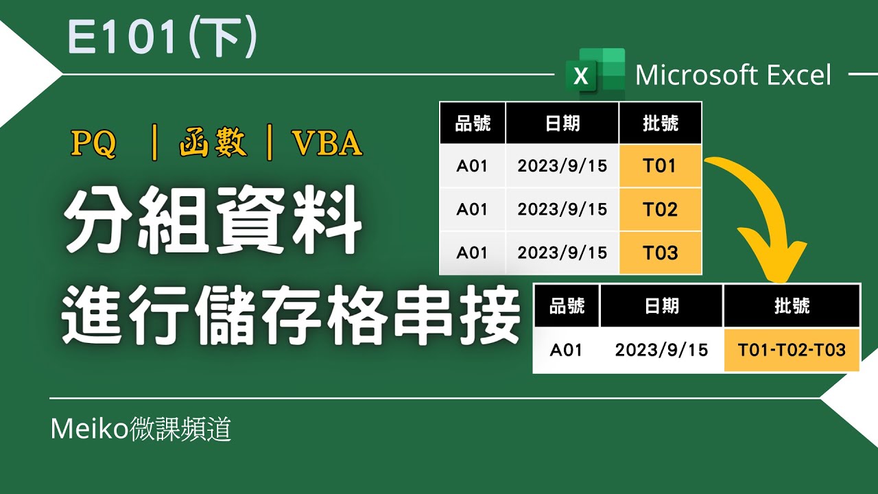 Excel教學 E101下 分組資料進行儲存格串接 Powerquery 兩步驟 動態函數 Vba 三種解法。 Youtube