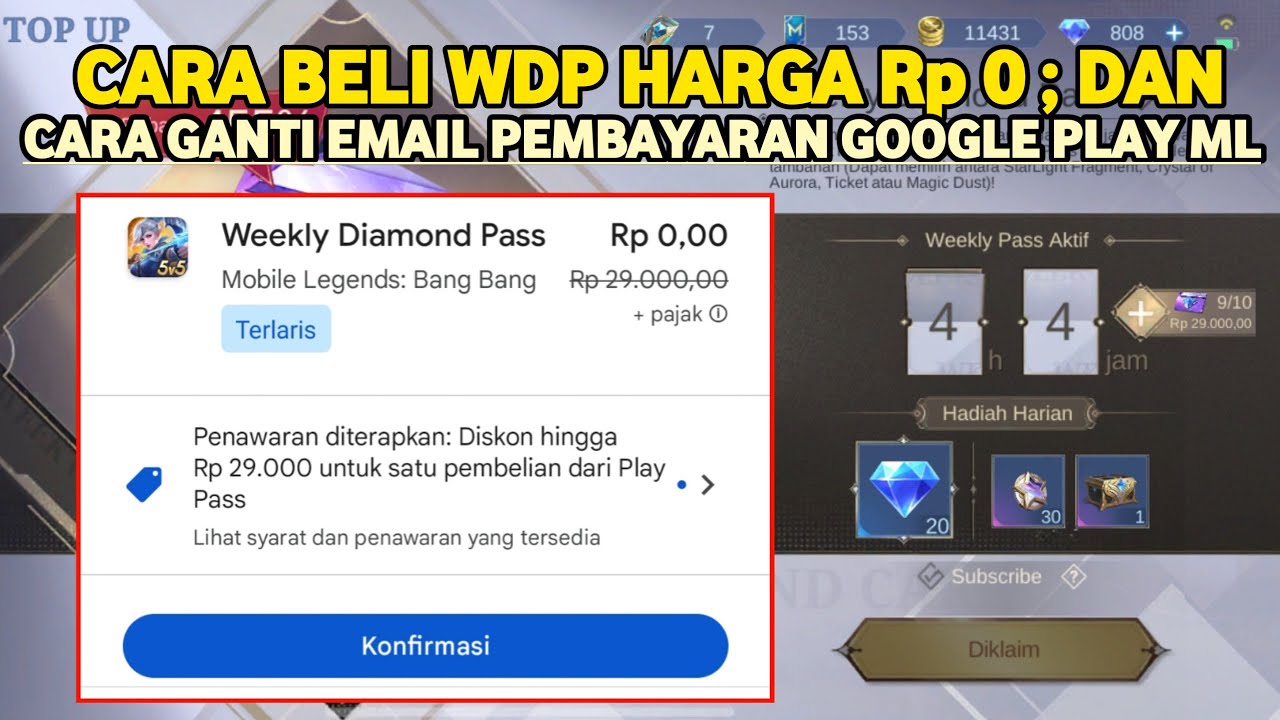 CARA BELI WEEKLY DIAMOND PASS HARGA Rp 0 ; DAN CARA GANTI EMAIL PEMBAYARAN GOOGLE PLAY ML - YouTube