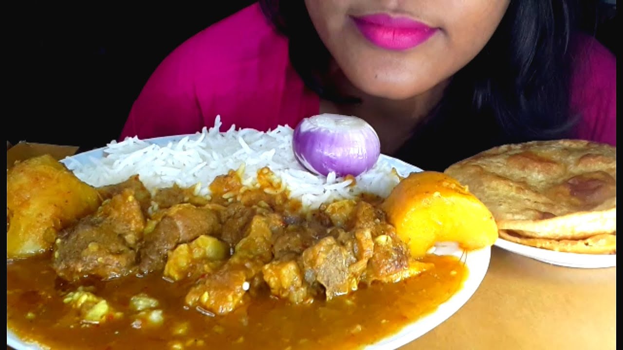 Eating Mutton Curry, Luchi, Basmati Rice - YouTube