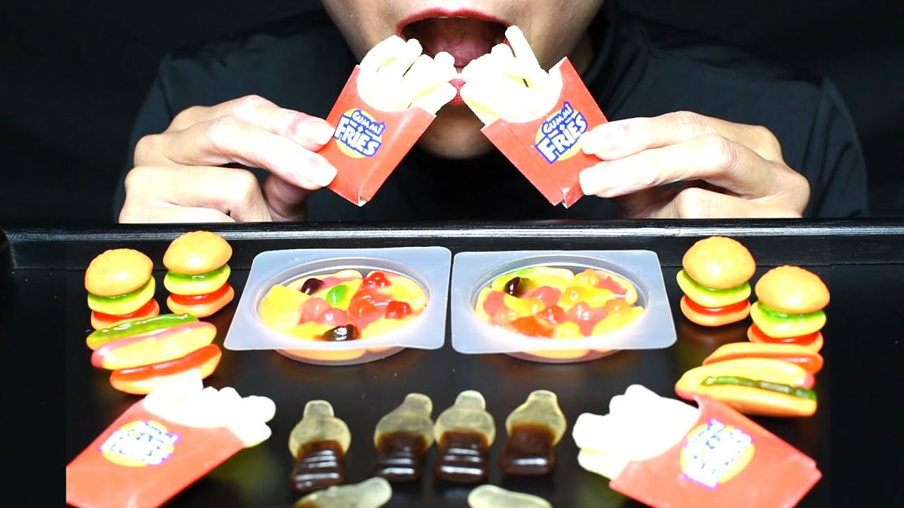 ASMR FAST FOOD GUMMY CANDY PARTY *BURGER, FRIES, PIZZA, COLA RAINBOW ...