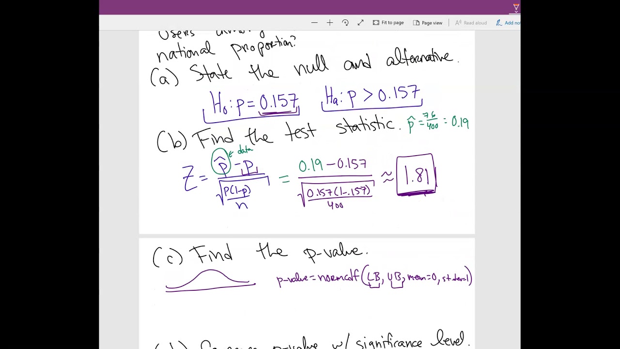 Math 119X: One sample Z-test for Proportions Example 1 - YouTube