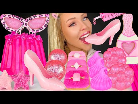 ASMR PINK DESSERTS, EDIBLE SUNGLASSES, CHAMPAGNE BOTTLE, MERINGUE KISSES, PURSE CAKE MUKBANG 먹방