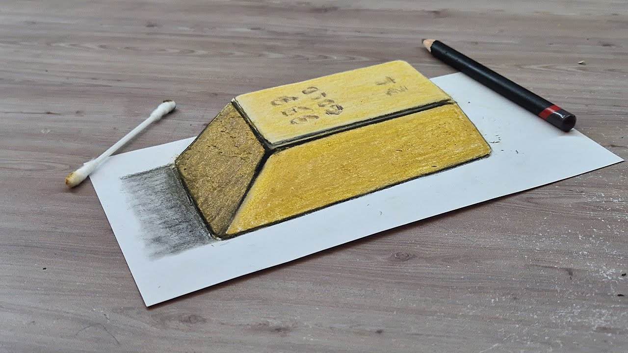 3d drawing easy gold on paper - YouTube