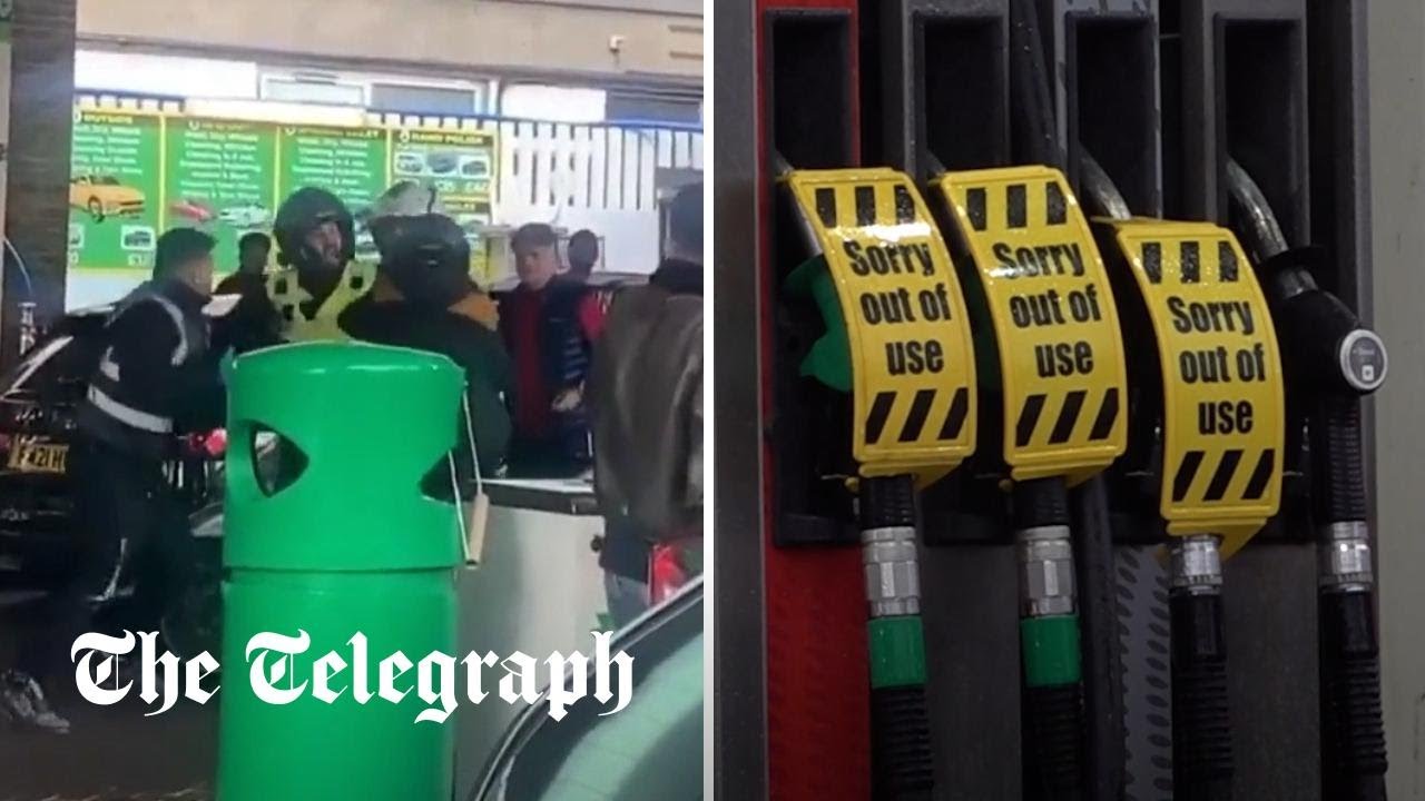 Fight breaks out at fuel pumps as petrol stations run dry - YouTube