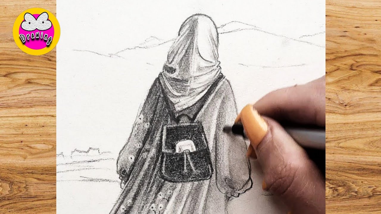 How to drawing a girl with a hijab of backside|| B3 pencil - YouTube