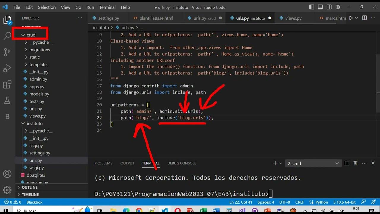 Django Parte 5: Creación de urls.py de la app y configuración de urls.py del proyecto. - YouTube
