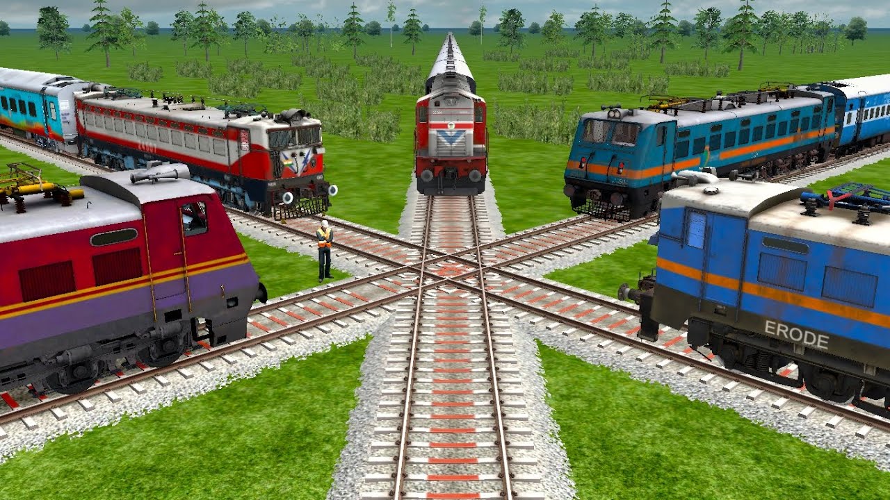 5 Indian Trains Coupling Crossing At Bumpy Branched Railroad Tracks ...