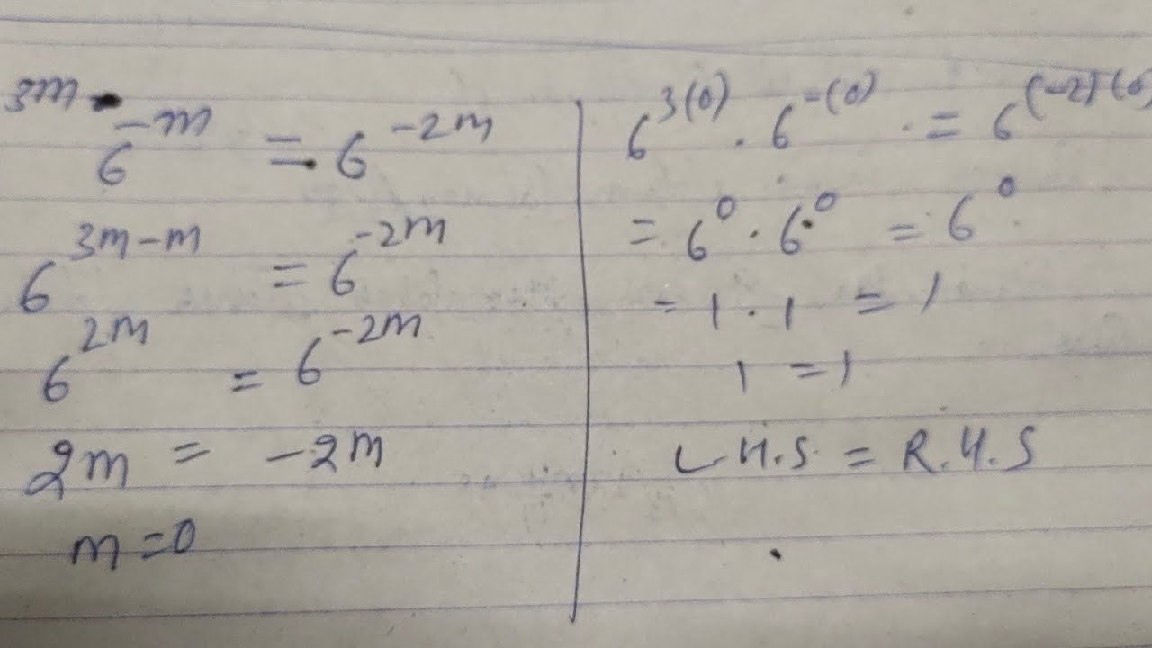 solve 6^(3m).6^(-m)=6^(-2m) | exponents| maths | solutions #class5 # ...