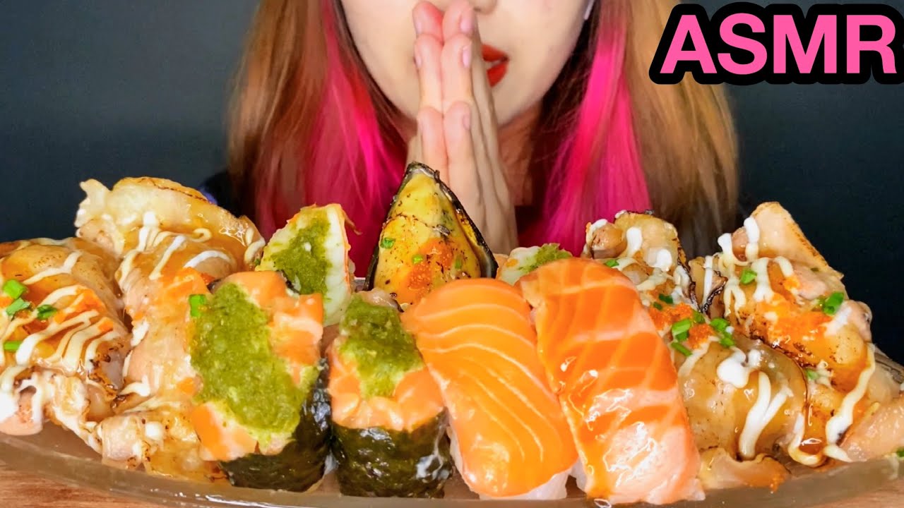 ASMR Salmon Salad Sushi + Burnt Salmon + Burnt Pork Belly + Mussels ...